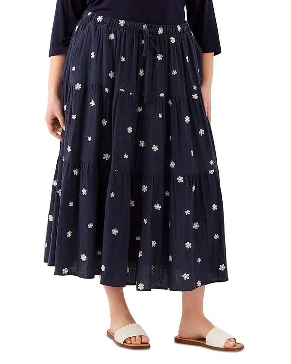 Karen Kane Embroidered Tiered Midi Skirt - Navy