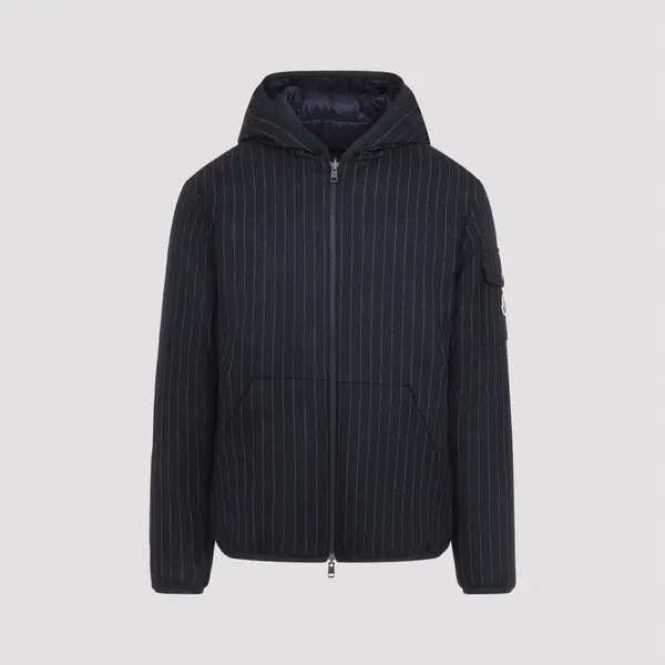 Moncler Wool Blend Down Jacket With Pinstripe Detail - Blue