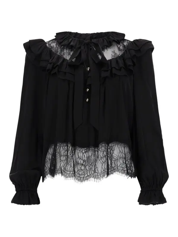 SELF-PORTRAIT Ruffled Lace Trim Tie-neck Blouse - Black