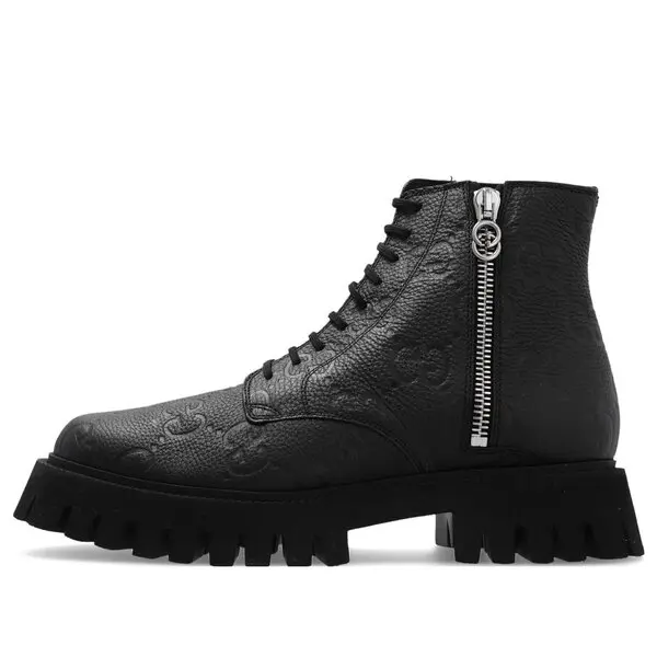 Gucci Embossed Gg Leather Lace-up Boots - Black