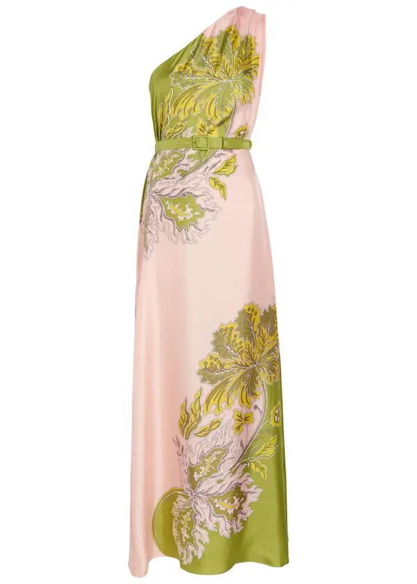 La DoubleJ Printed One-shoulder Silk Maxi Dress With Belt - Pink