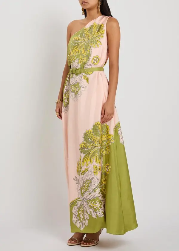 La DoubleJ Printed One-shoulder Silk Maxi Dress With Belt - Pink