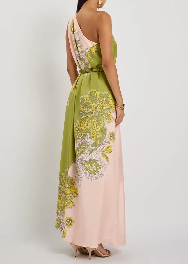La DoubleJ Printed One-shoulder Silk Maxi Dress With Belt - Pink