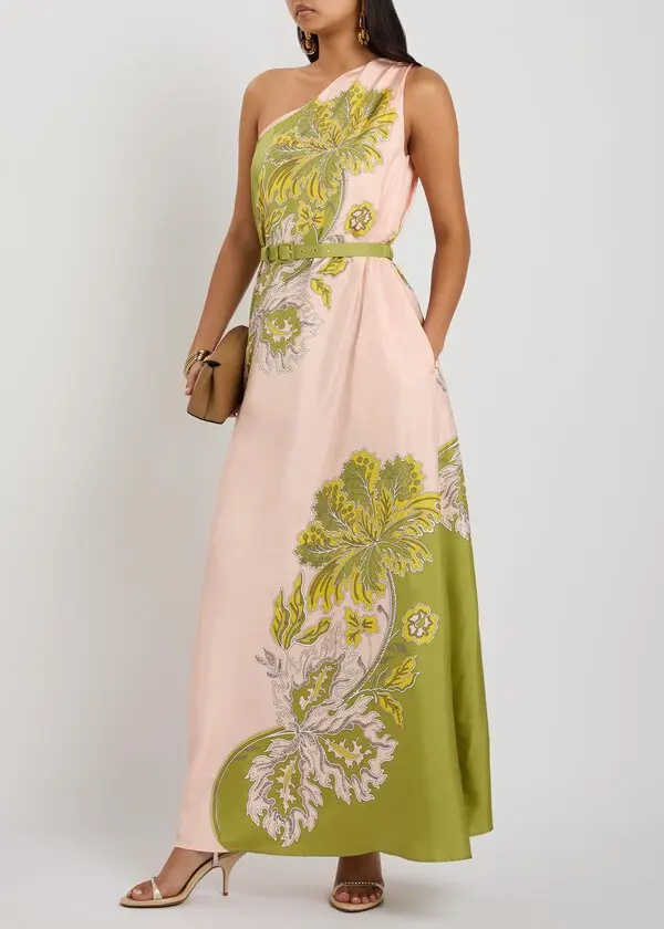 La DoubleJ Printed One-shoulder Silk Maxi Dress With Belt - Pink