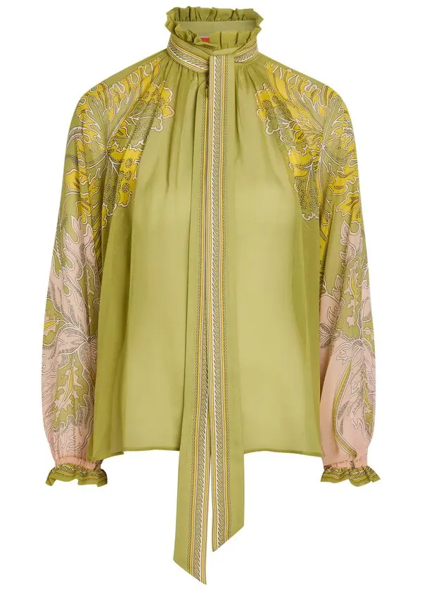 La DoubleJ Cerere Printed Silk Blouse With Detachable Scarf - Green