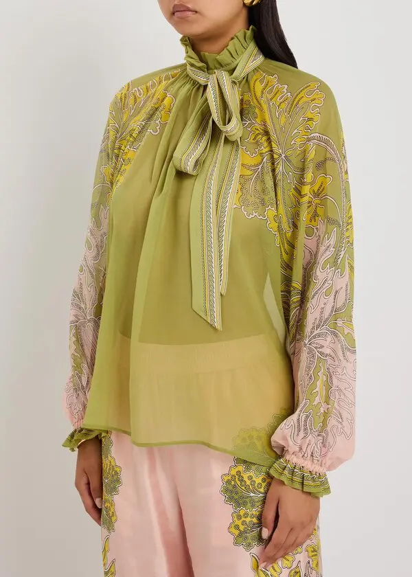 La DoubleJ Cerere Printed Silk Blouse With Detachable Scarf - Green