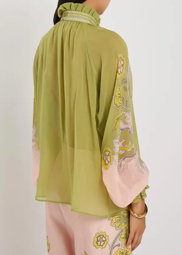 La DoubleJ Cerere Printed Silk Blouse With Detachable Scarf - Green