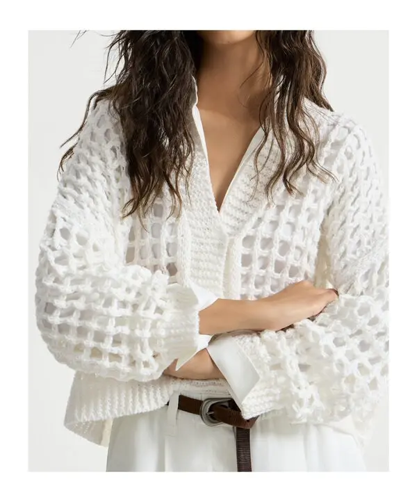 Brunello Cucinelli Jute And Cotton Net Cardigan - White