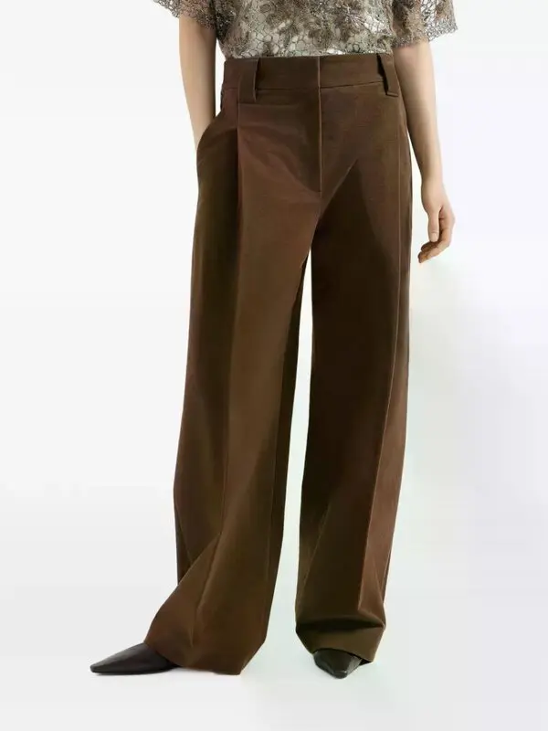 Brunello Cucinelli Stretch-cotton Moleskin Wide-leg Trousers With Monili Detail - Brown