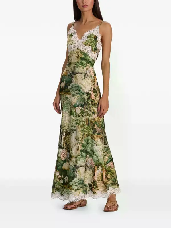 Alice + Olivia Lace-trim Landscape-print Maxi Slip Dress
