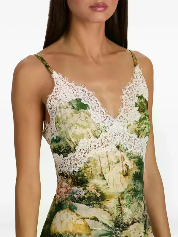 Alice + Olivia Lace-trim Landscape-print Maxi Slip Dress
