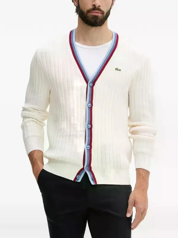 Lacoste Ribbed-knit Cardigan With Striped Trim