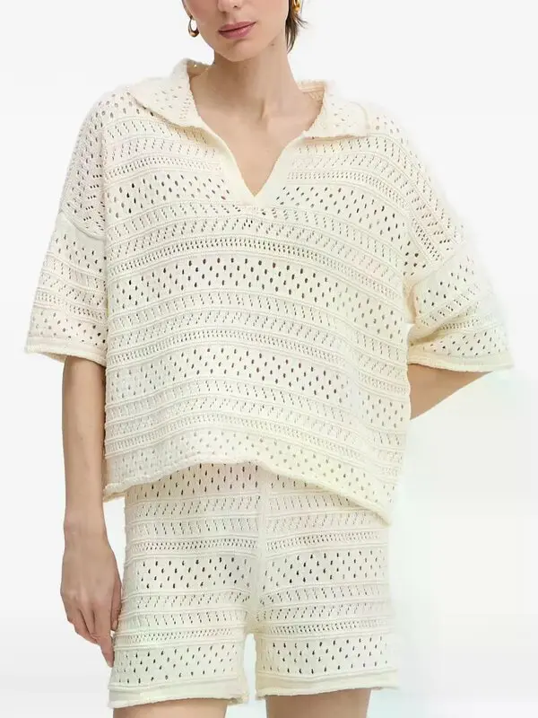 HAVEONE Crochet Knit V-neck Short Sleeve Top And Elasticated Waist Shorts Set