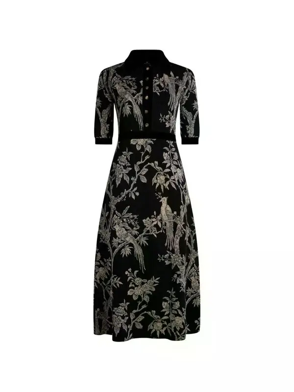 Etro Wool-blend Jacquard Midi Shirt Dress With Nature Motif - Black
