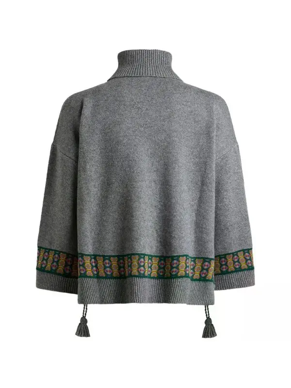 Etro Wool-blend Kimono Sweater With Tassels And Geometric Motif - Grey