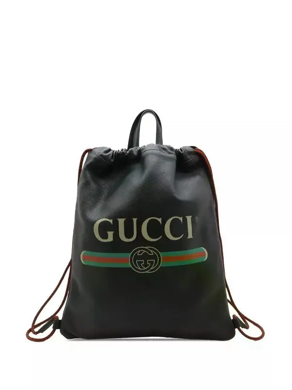 Gucci 2000-2015 Grained Calfskin Web Logo Drawstring Backpack