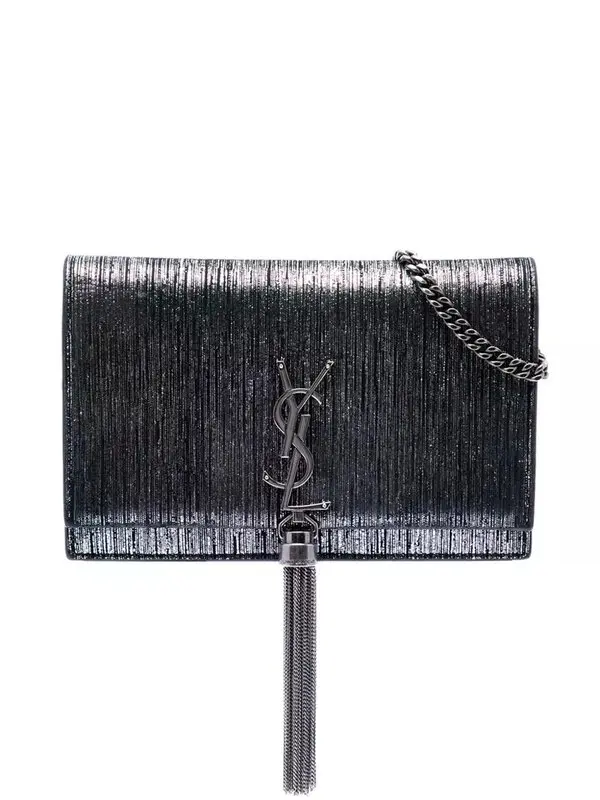 Saint Laurent Metallic Suede Monogram Kate Tassel Wallet On Chain - Silver