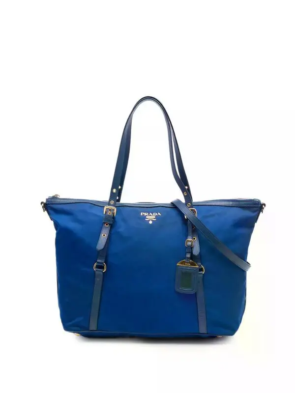 Prada Saffiano Leather Trimmed Tessuto Zip Top Convertible Tote Satchel - Blue