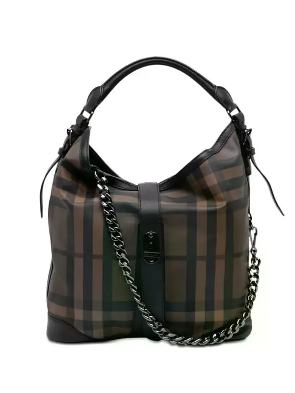 Burberry 2000-2017 Medium Smoke Check Coated Canvas Chain Hobo Shoulder Bag