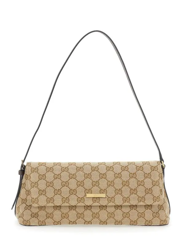 Gucci Gg Canvas Shoulder Bag With Leather Strap - Cream