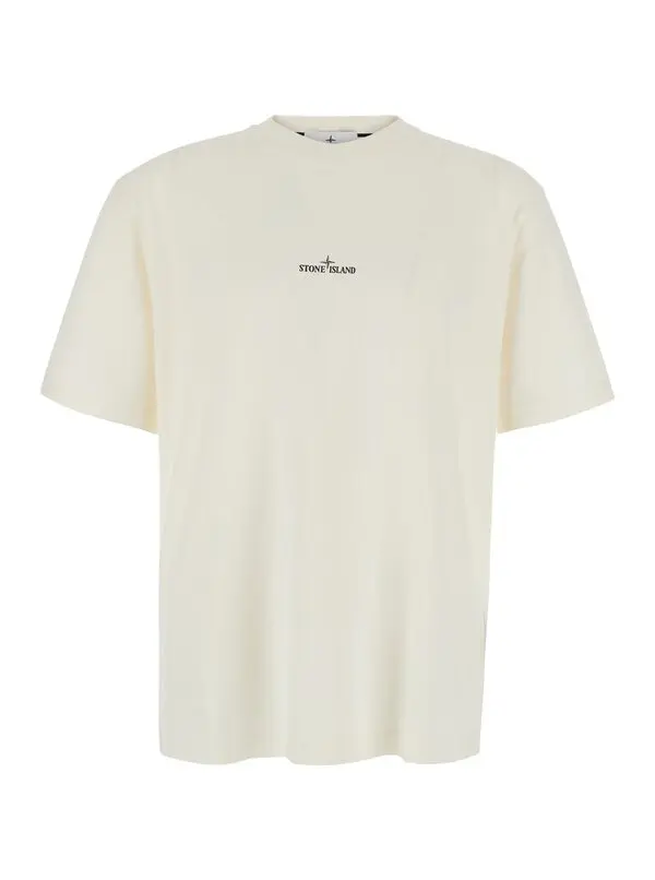 Stone Island Beige Crew Neck T-shirt With Logo Lettering On The Front And Maxi Logo Print On The Back In Cotton For - Multicolor