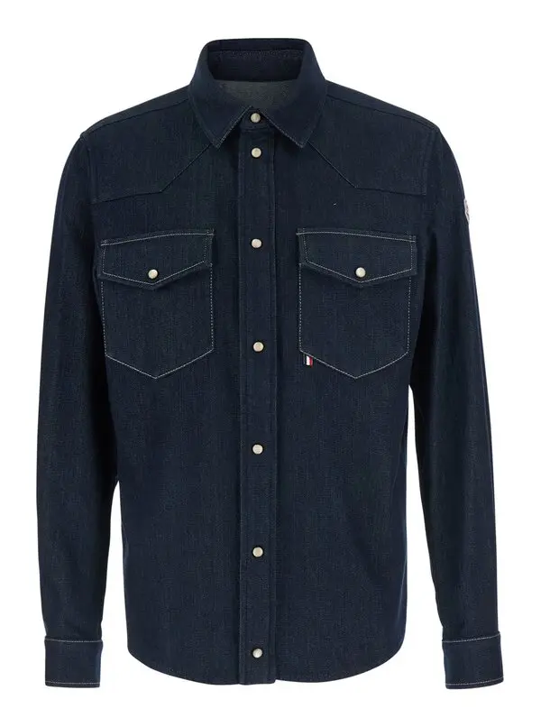Moncler Blue Shirt With Classic Collar And Two Patch Pockets On The Front In Denim For