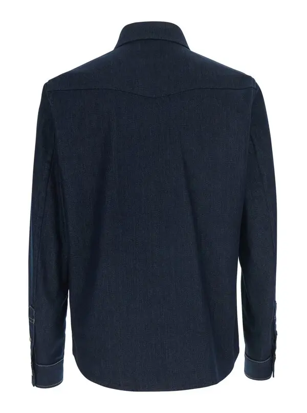 Moncler Blue Shirt With Classic Collar And Two Patch Pockets On The Front In Denim For