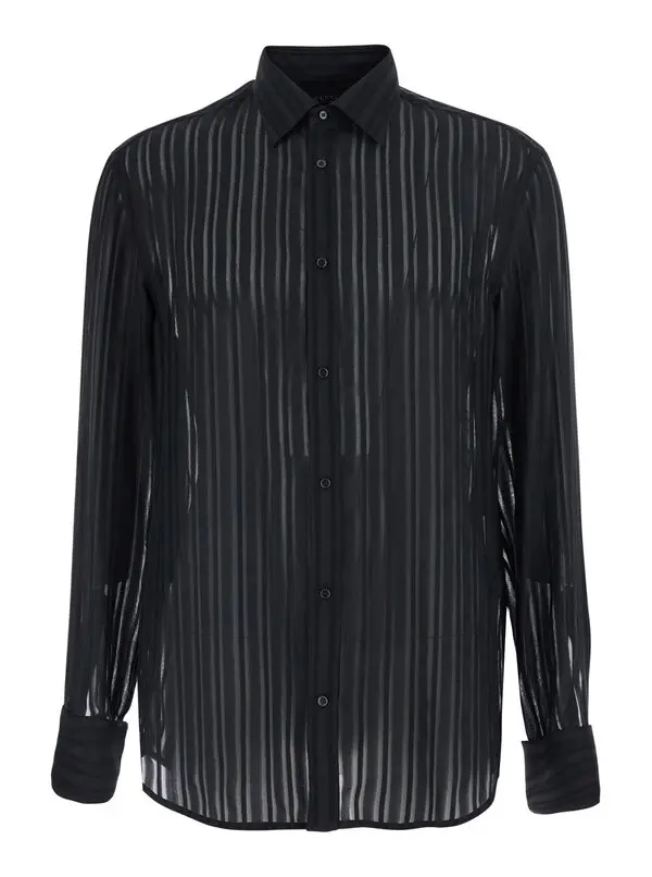 Gucci Black Shirt With Classic Collar And All-over Striped Pattern In Silk For