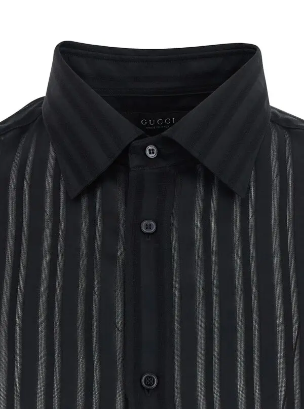 Gucci Black Shirt With Classic Collar And All-over Striped Pattern In Silk For