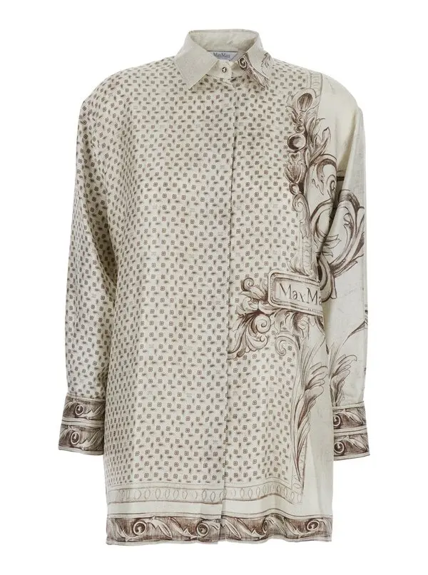 Max Mara Gardo' White Silk Shirt With All-over Geometric Print And Logo Lettering On The Front - Multicolor