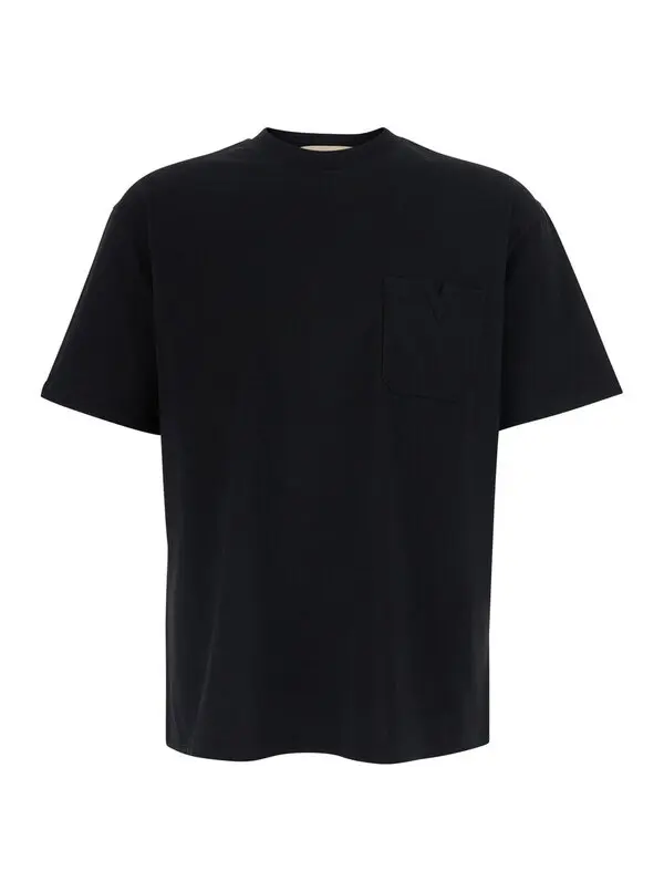 Valentino Garavani Black T-shirt With Pocket With Metallic Vlogo In Cotton For - Multicolor