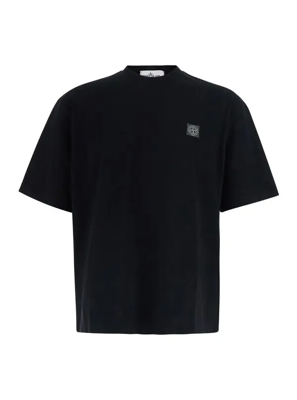 Stone Island Crew Neck Heavyweight With Short Sleeves And Patch, Tech Fabric - Black