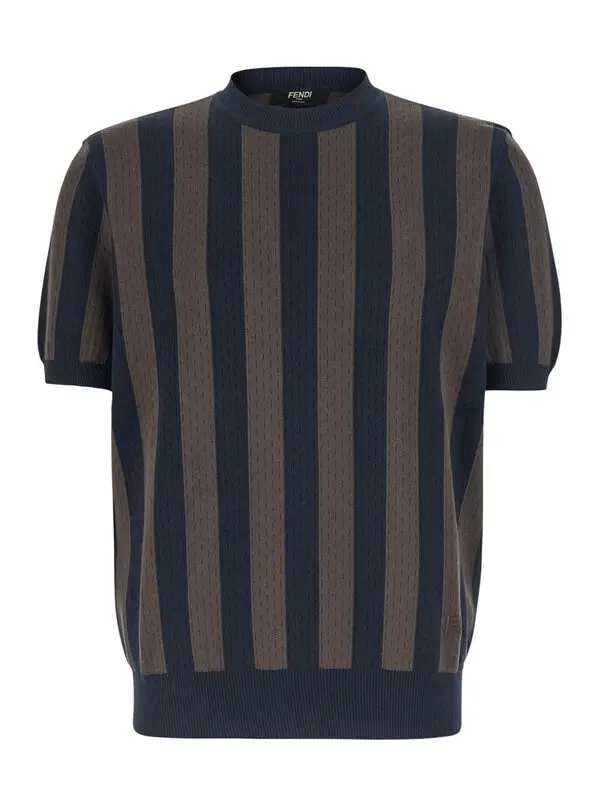 Fendi Blue Crew Neck T-shirt With All-over Striped Motif In Cotton And Silk For - Multicolor