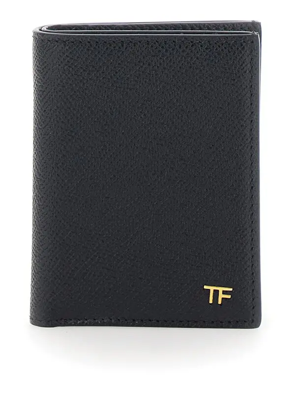 TOM FORD Black Cardholder With Logo Plate On The Front In Grained Leather For