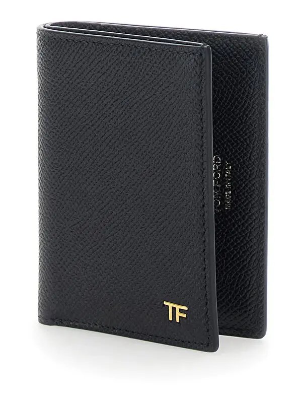 TOM FORD Black Cardholder With Logo Plate On The Front In Grained Leather For