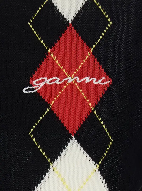 GANNI Crew Neck Cardigan With Argyle Motif - Black