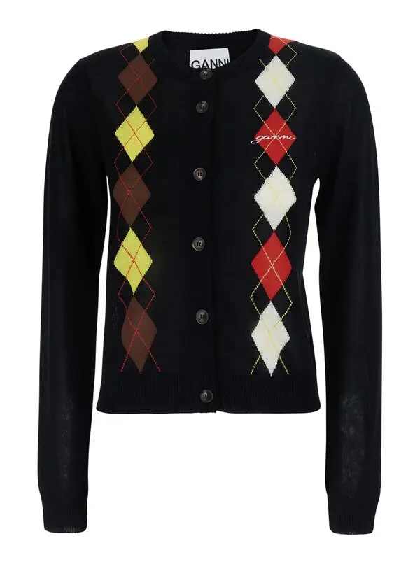GANNI Crew Neck Cardigan With Argyle Motif - Black