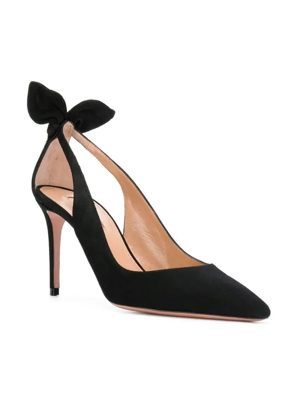 AQUAZZURA Suede Pointed Toe Pumps With Bow Detail - Black