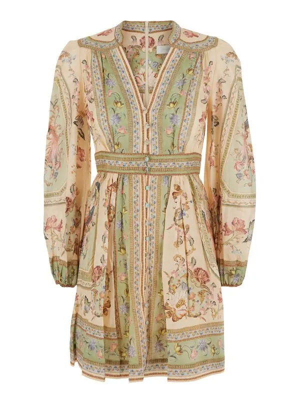 Zimmermann Roselight Dress With Balloon Sleeves And Floral Motif In Linen - Multicolor