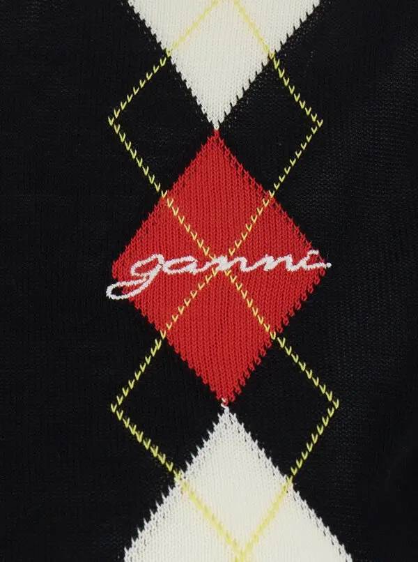 GANNI Short Sleeve Cotton Sweater With Argyle Motif - Black