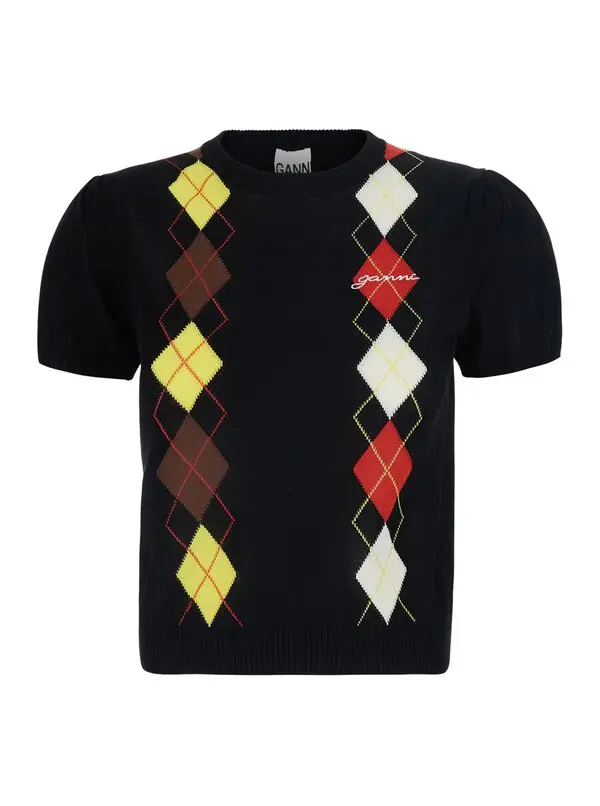 GANNI Short Sleeve Cotton Sweater With Argyle Motif - Black