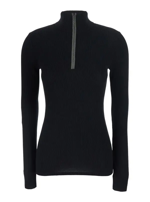 Brunello Cucinelli Wool And Cashmere Zip Front Turtleneck Sweater With Monili Detail - Black