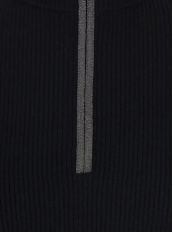 Brunello Cucinelli Wool And Cashmere Zip Front Turtleneck Sweater With Monili Detail - Black