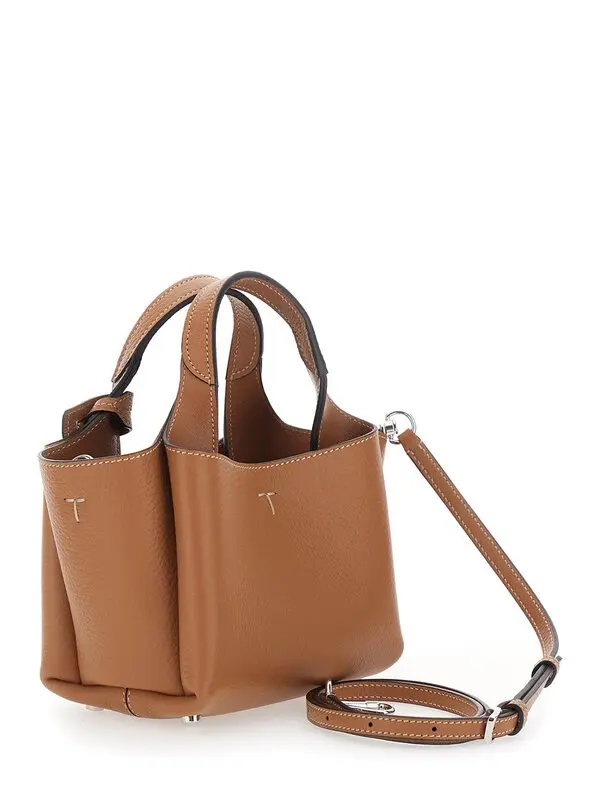 TOD'S Grained Leather Handbag With T Plaque Pendant - Brown