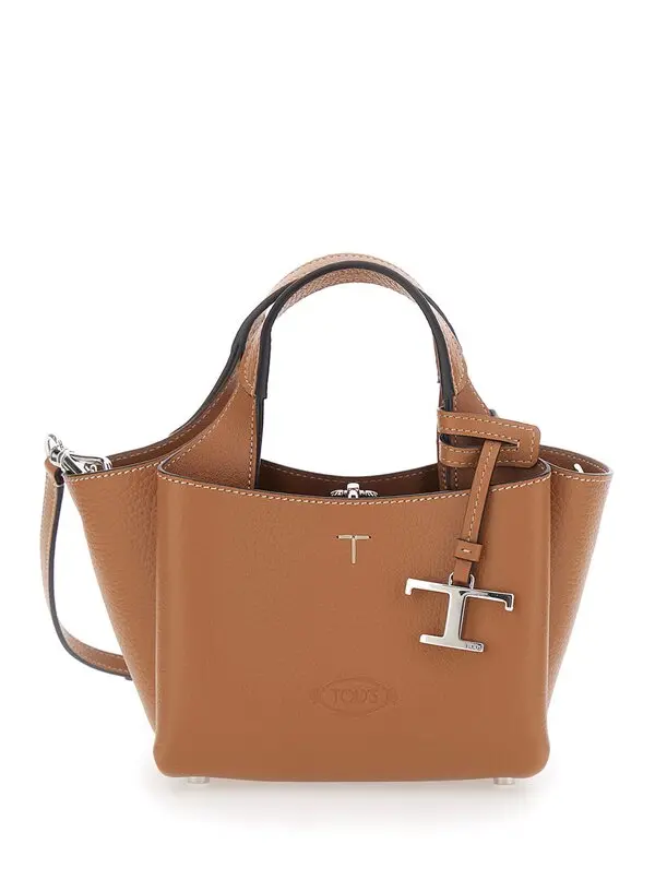 TOD'S Grained Leather Handbag With T Plaque Pendant - Brown