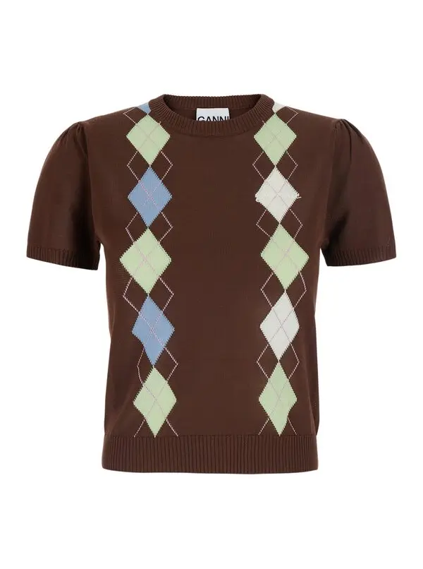 GANNI Short-sleeve Argyle Cotton Sweater - Brown
