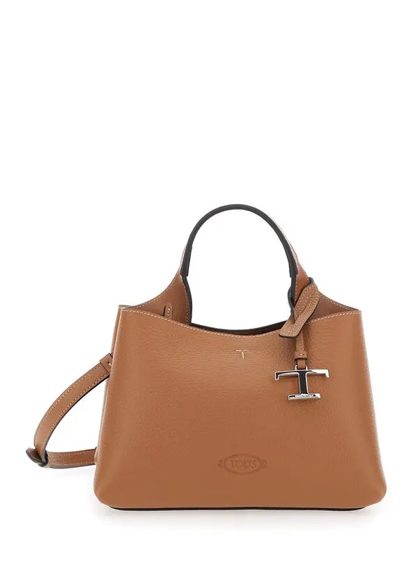 TOD'S Grained Leather Handbag With T Plaque Pendant