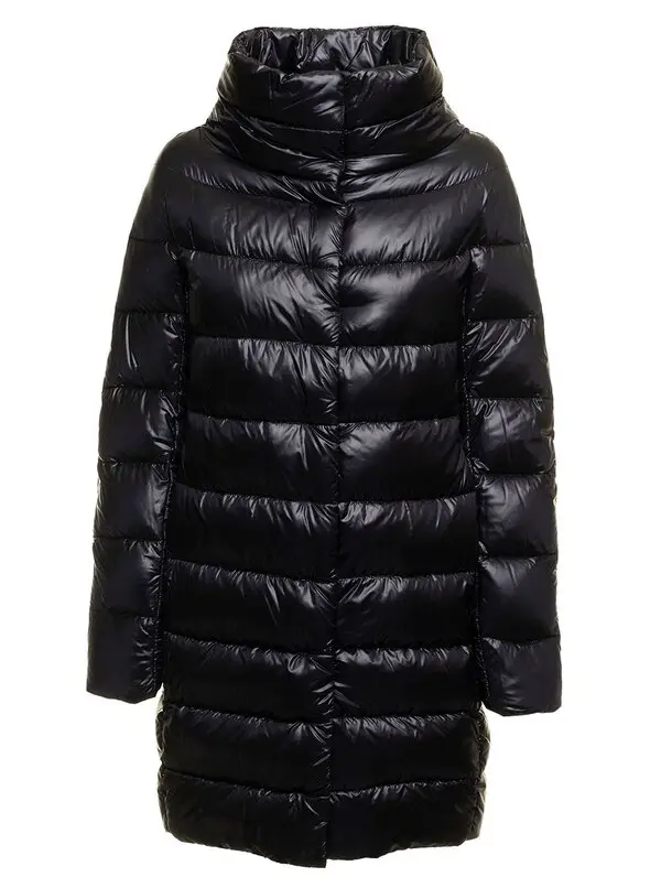 Herno Long Down Jacket With High Collar In Tech Fabric - Black