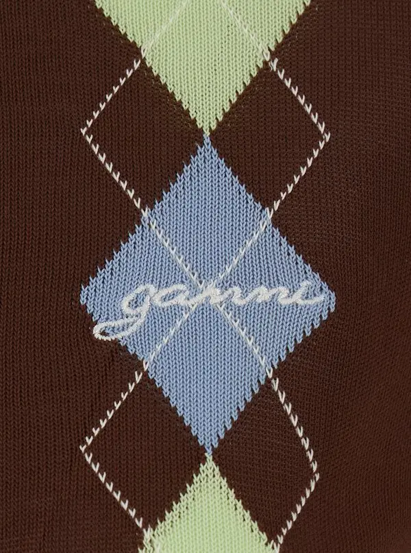 GANNI Cotton Argyle Motif Crew Neck Cardigan - Brown
