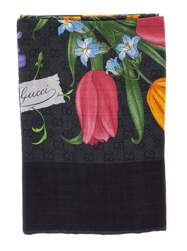 Gucci Black Scarf With Floral Print And All-over Gg In Wool And Silk For - Multicolor